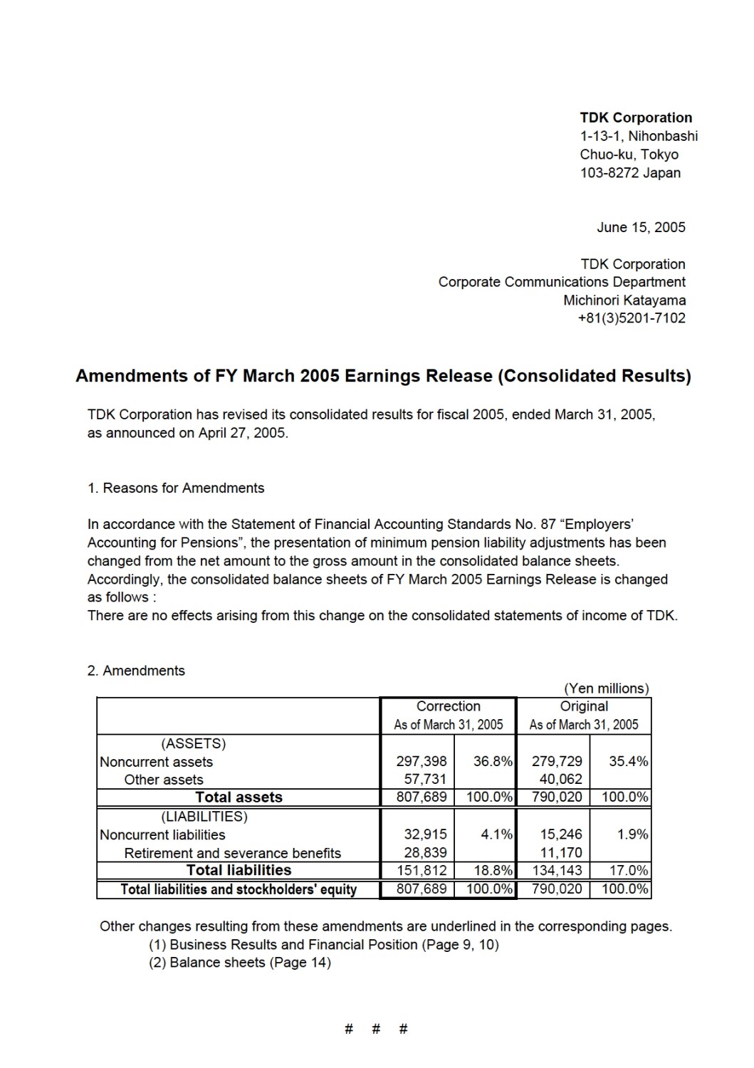 Financial Results for fiscal 2005 [Amended on June 15, 2005] (HTML ...